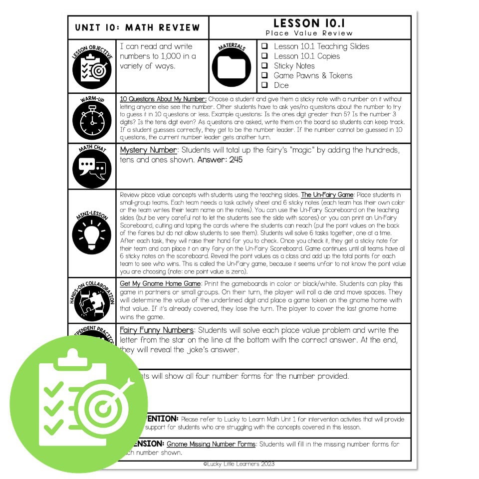 Lucky to Learn Math - Lesson 10.1 - Place Value Review - Lesson Plan - Lucky Little Learners