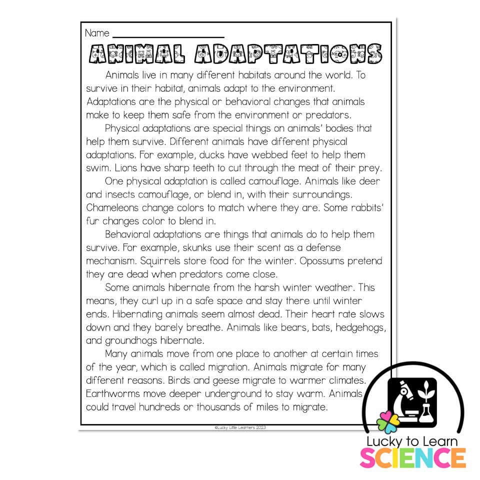 Lucky to Learn Science - Animal Adaptations - Reading Passage Article ...