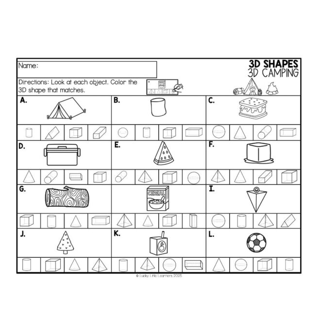 Math Worksheet - June - 3D Shapes - 3D Camping - Lucky Little Learners