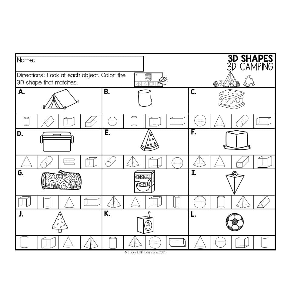 Math Worksheet - June - 3D Shapes - 3D Camping - Lucky Little Learners