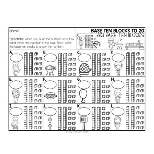 Math Worksheet - June - Base Ten Blocks to 20 - BBQ Base Ten Blocks ...