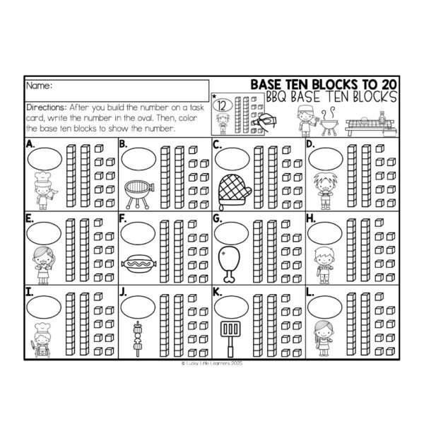 Math Worksheet - June - Base Ten Blocks to 20 - BBQ Base Ten Blocks ...