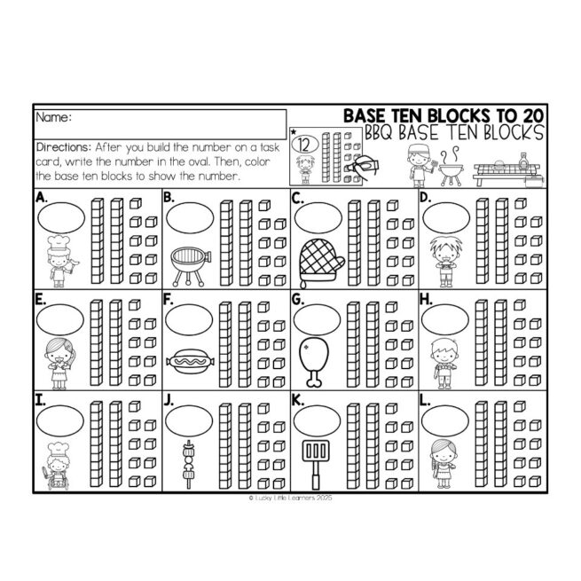 Math Worksheet - June - Base Ten Blocks to 20 - BBQ Base Ten Blocks ...