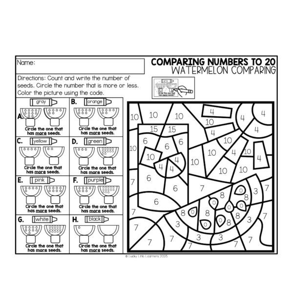 Math Worksheet - June - Comparing Numbers to 20 - Watermelon Comparing ...