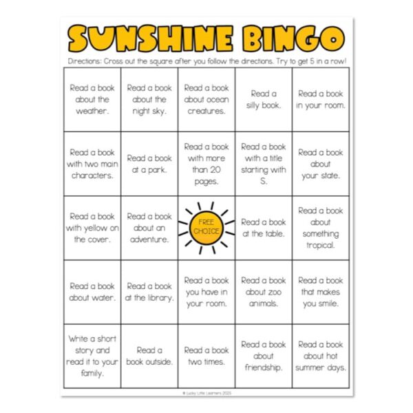Monthly Reading Bingo - August - Sunshine Bingo - Lucky Little Learners