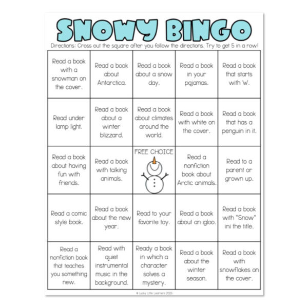 Monthly Reading Bingo - January - Snowy Bingo - Lucky Little Learners