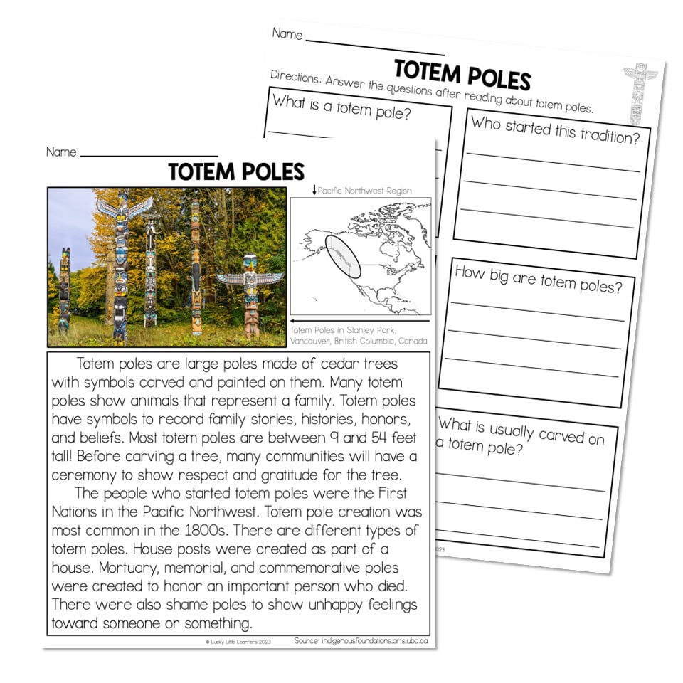 Native American - Totem Poles Passage and Questions - Lucky Little Learners