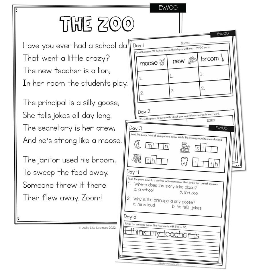 Phonics Poems - Diphthongs EW and OO - Lucky Little Learners