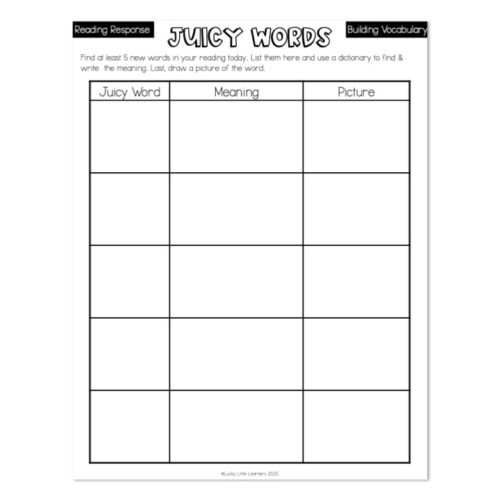 Reading Response - Building Vocabulary - Juicy Words - Lucky Little ...
