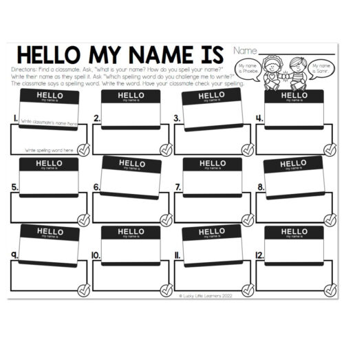 Spelling Word Work Practice - Hello My Name Is - Lucky Little Learners