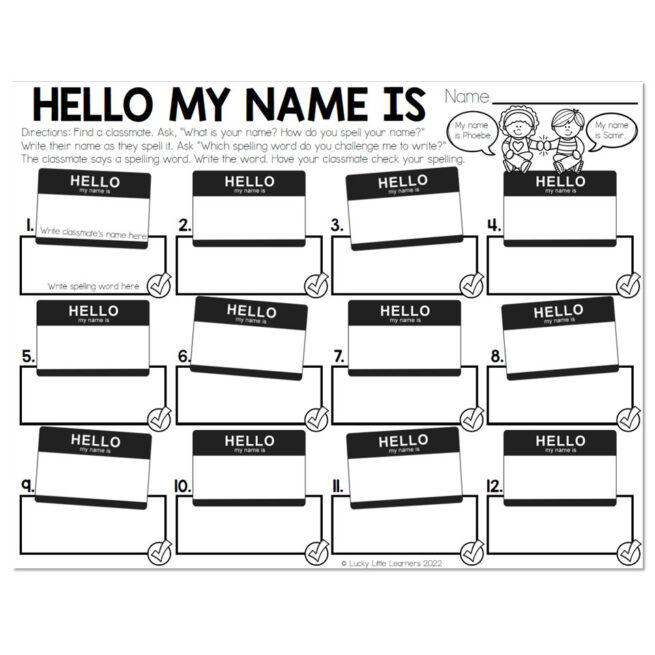 Spelling Word Work Practice - Hello My Name Is - Lucky Little Learners