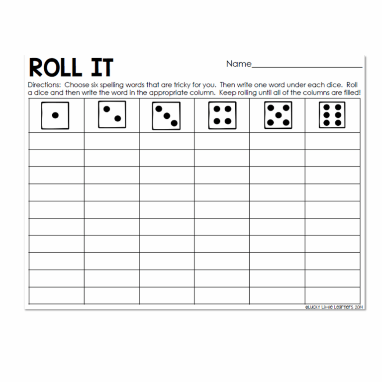 Spelling Word Work Practice - Roll It - Lucky Little Learners