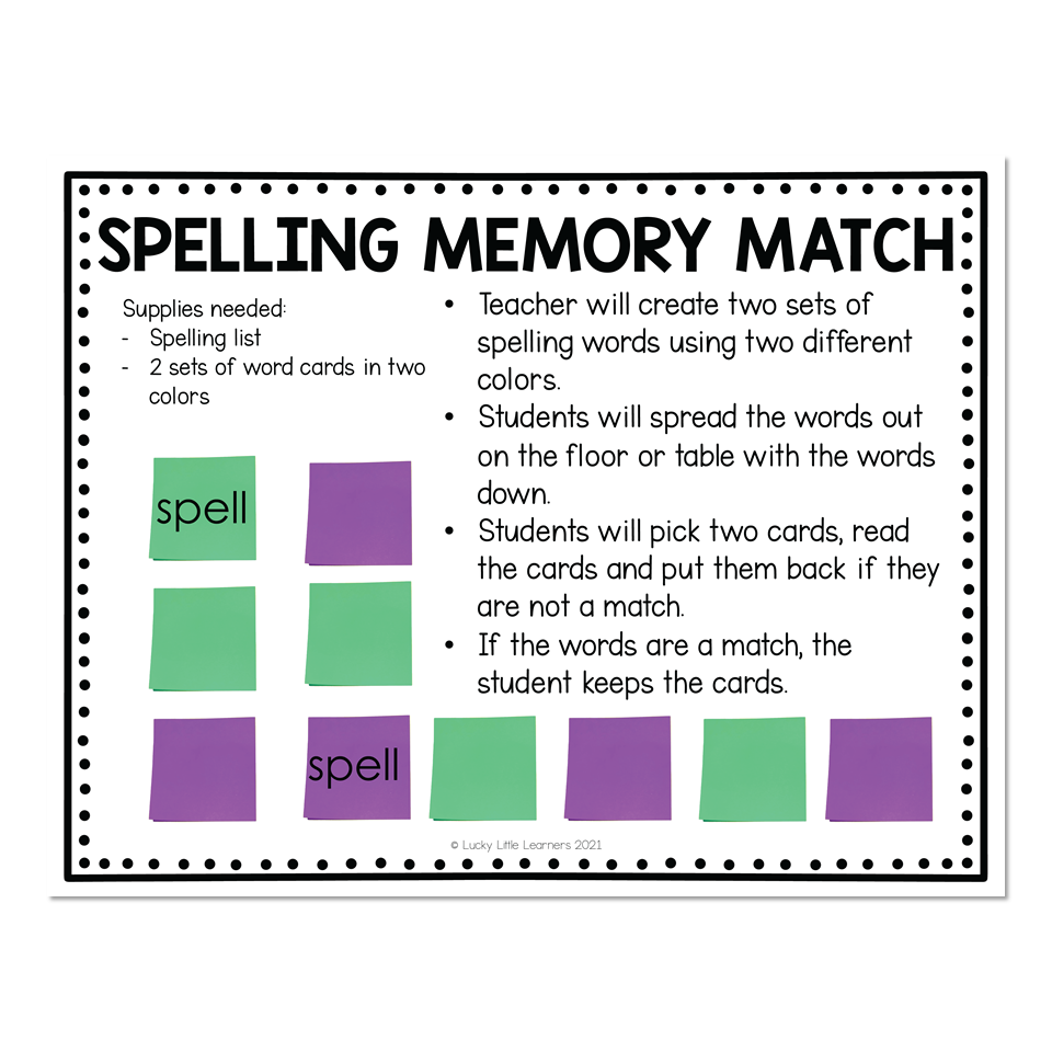 Spelling Word Work Practice - Spelling Memory Match - Lucky Little Learners
