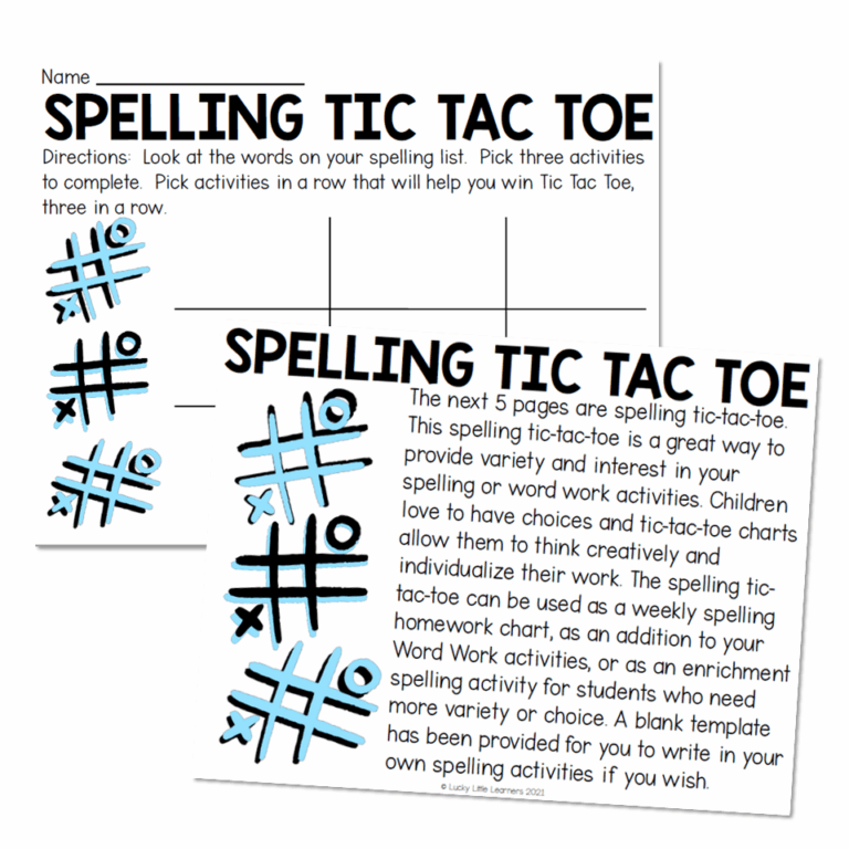Spelling Word Work Practice - Spelling Tic Tac Toe - Lucky Little Learners