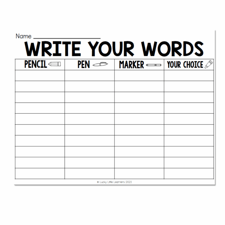 Spelling Word Work Practice - Write Your Words - Lucky Little Learners