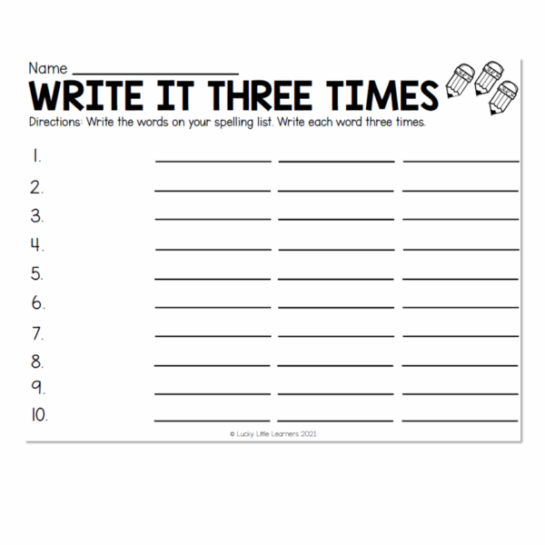 Spelling Word Work Practice - Write it Three Times - Lucky Little Learners