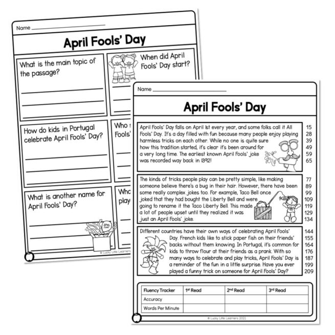 Spring Reading Passages - April Fools' Day - Above - Lucky Little Learners