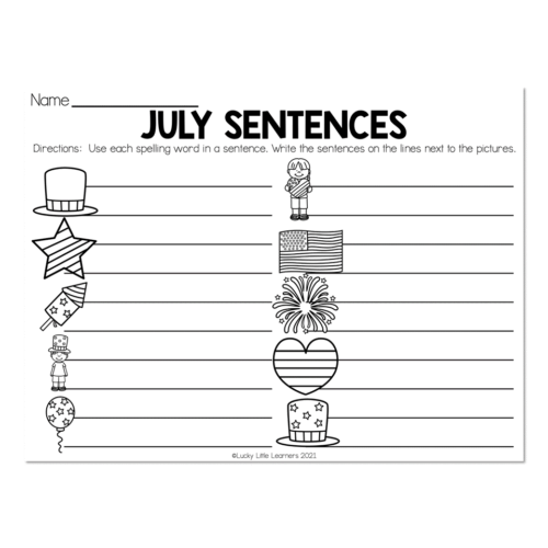 Spring/Summer Spelling Word Work Practice - July Sentences - Lucky ...