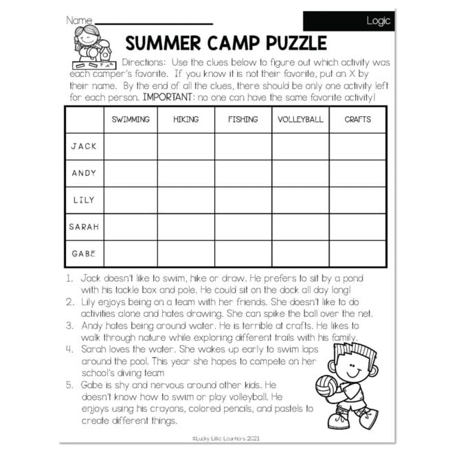 Summer - Early Finishers 2nd Grade - Logic - Summer Camp Puzzle - Lucky ...