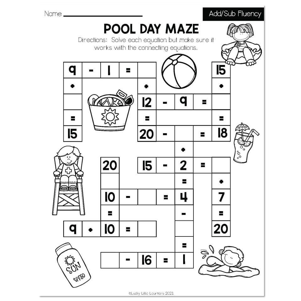 Summer - Early Finishers 2nd Grade - Math - Add & Sub Fluency - Pool ...