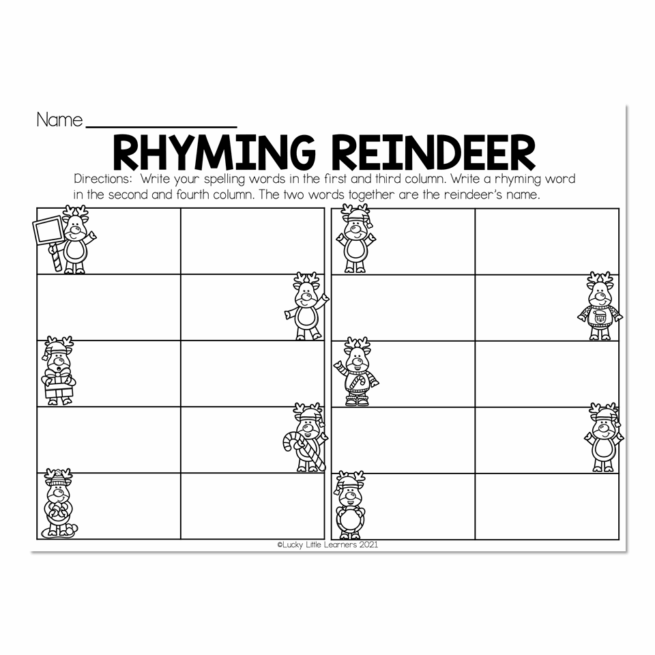 Winter Spelling Word Work Practice - Rhyming Reindeer - Lucky Little ...