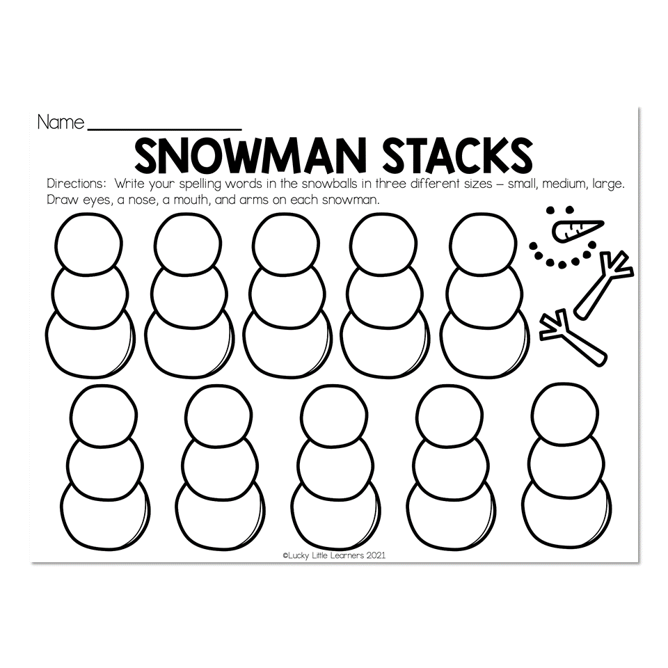 Winter Spelling Word Work Practice - Snowman Stacks - Lucky Little Learners