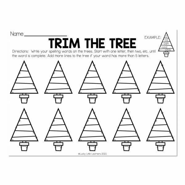 Winter Spelling Word Work Practice - Trim the Tree - Lucky Little Learners