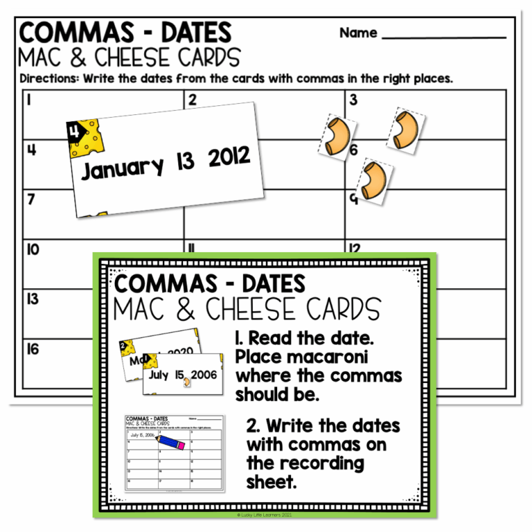 1st Grade Grammar Center - Commas in Dates - Lucky Little Learners