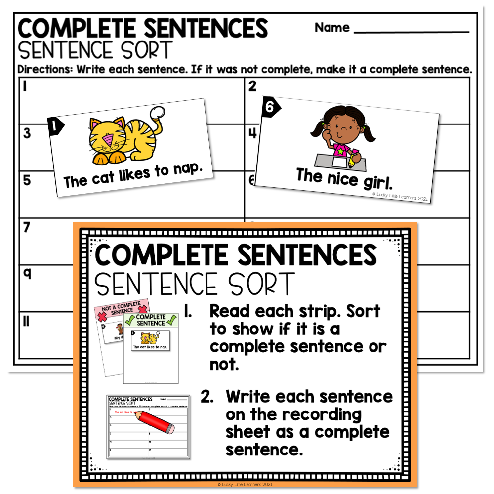 1st Grade Grammar Center - Complete Sentences - Lucky Little Learners