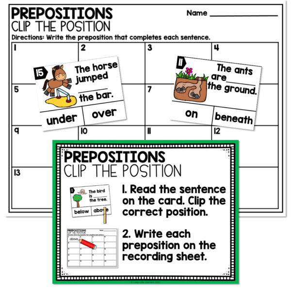 1st Grade Grammar Center - Prepositions - Lucky Little Learners