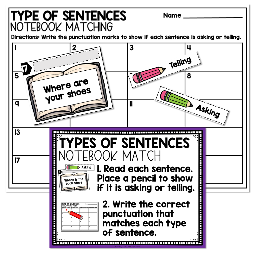 1st Grade Grammar Center - Types of Sentences - Lucky Little Learners