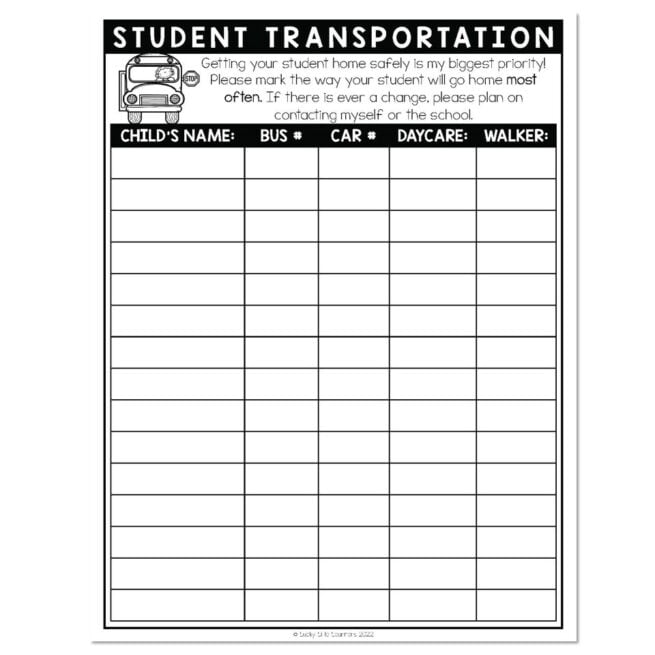 Classroom Setup - Open House - Transportation Sheet - Lucky Little Learners