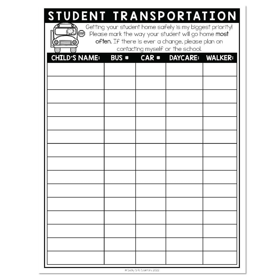 Classroom Setup - Open House - Transportation Sheet - Lucky Little Learners