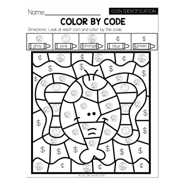 Math Worksheet - Money - Color by Code Coin Identification - Lucky ...
