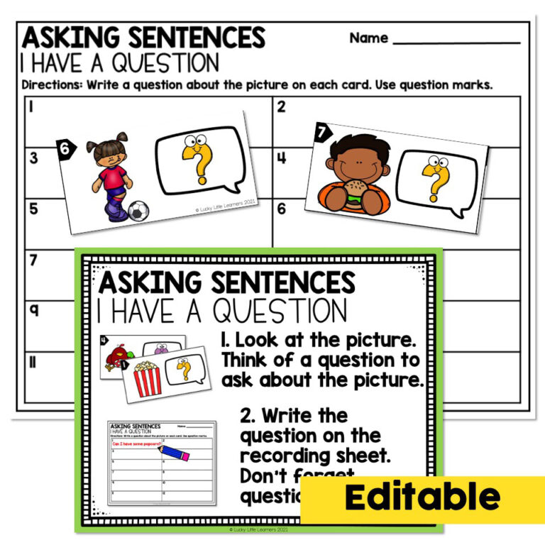 Editable - 1st Grade Grammar Center - Asking Sentences - Lucky Little ...