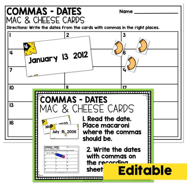 Editable - 1st Grade Grammar Center - Commas in Dates - Lucky Little ...