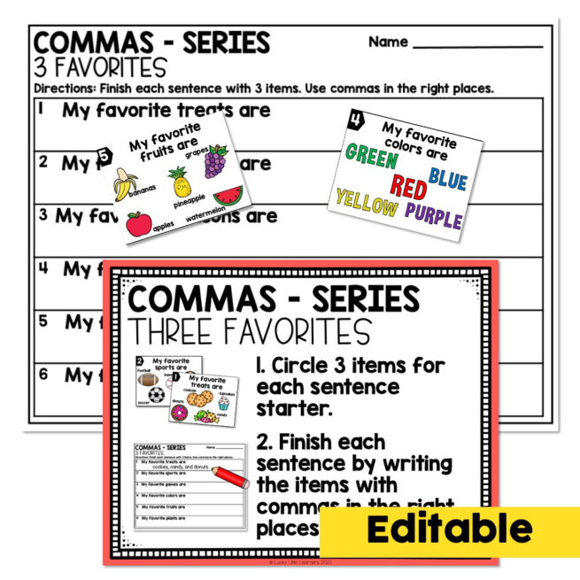 Editable - 1st Grade Grammar Center - Commas in a Series - Lucky Little ...