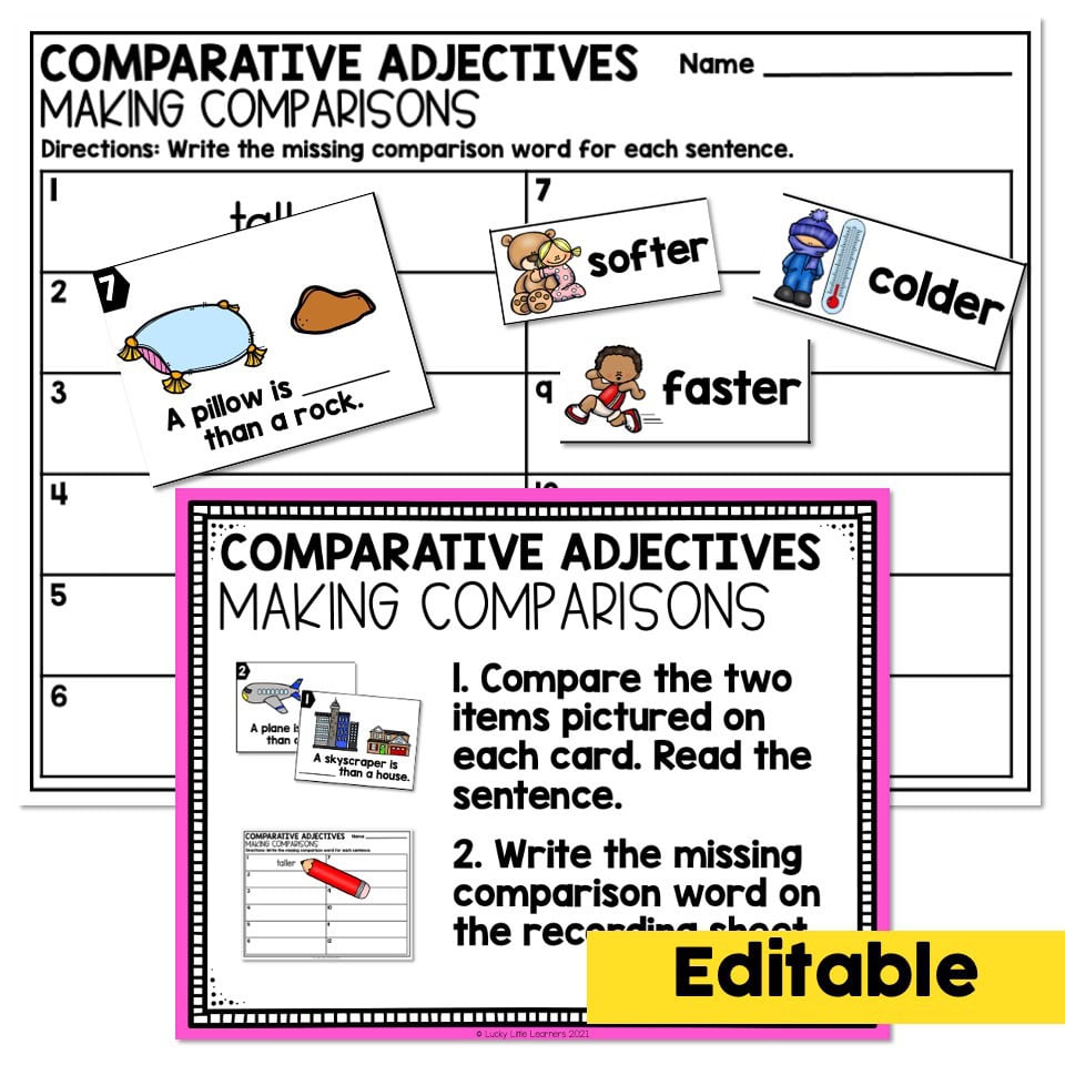 Editable - 1st Grade Grammar Center - Comparing Adjectives - Lucky ...