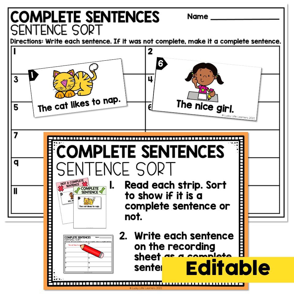 Editable - 1st Grade Grammar Center - Complete Sentences - Lucky Little ...