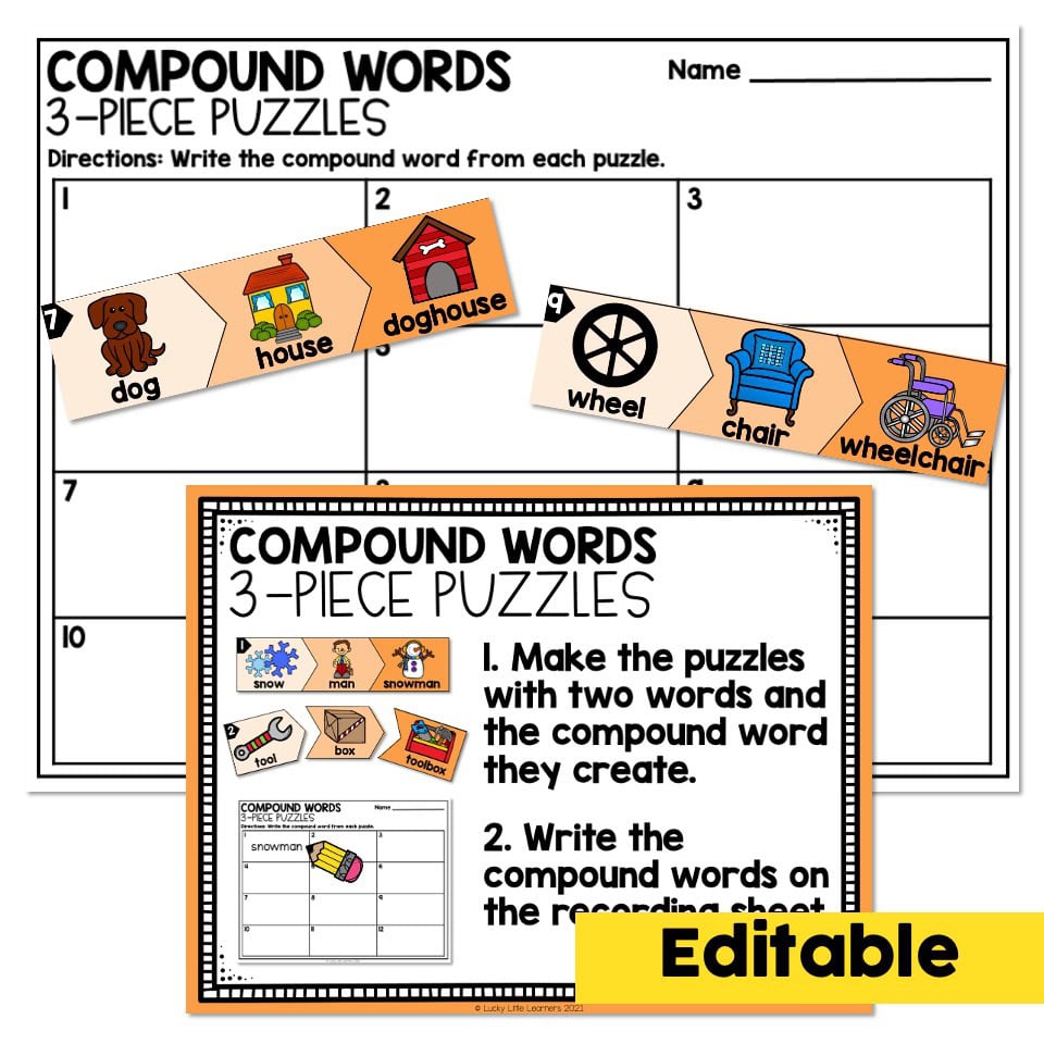 Editable - 1st Grade Grammar Center - Compound Words - Lucky Little ...
