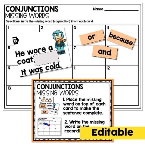 Editable - 1st Grade Grammar Center - Conjunctions - Lucky Little Learners