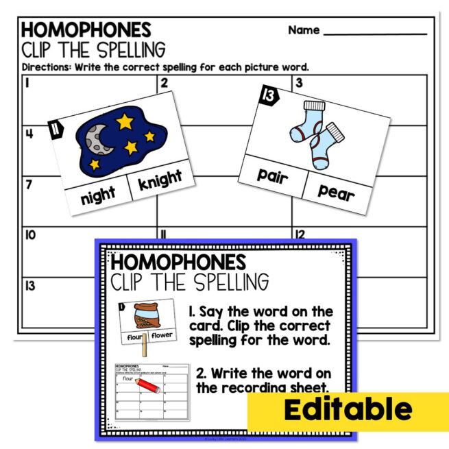 Editable - 1st Grade Grammar Center - Homophones - Lucky Little Learners