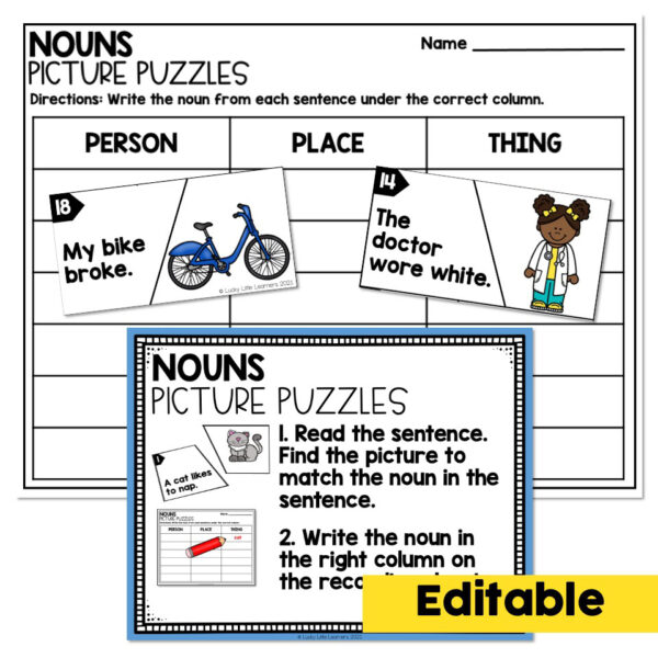 Editable - 1st Grade Grammar Center - Nouns - Lucky Little Learners