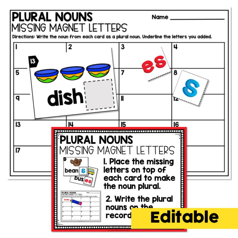 Editable - 1st Grade Grammar Center - Plural Nouns - Lucky Little Learners