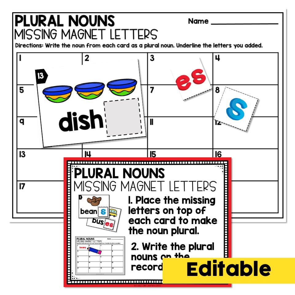Editable - 1st Grade Grammar Center - Plural Nouns - Lucky Little Learners
