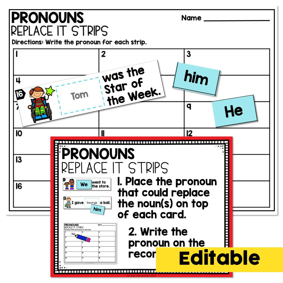Editable - 1st Grade Grammar Center - Pronouns - Lucky Little Learners