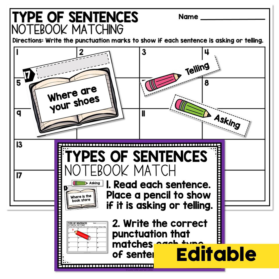 Editable - 1st Grade Grammar Center - Types of Sentences - Lucky Little ...