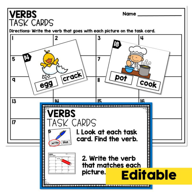 Editable - 1st Grade Grammar Center - Verbs - Lucky Little Learners