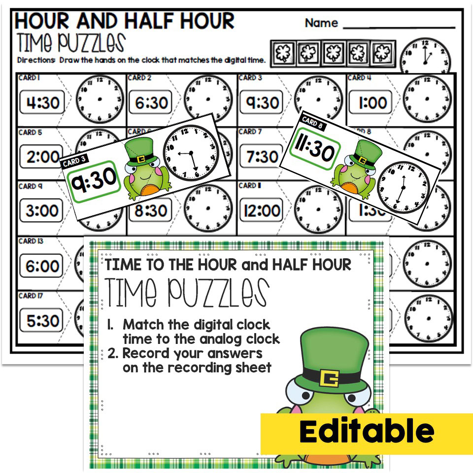 Editable - 1st Grade March Math Center - Time to the Hour & Half Hour ...