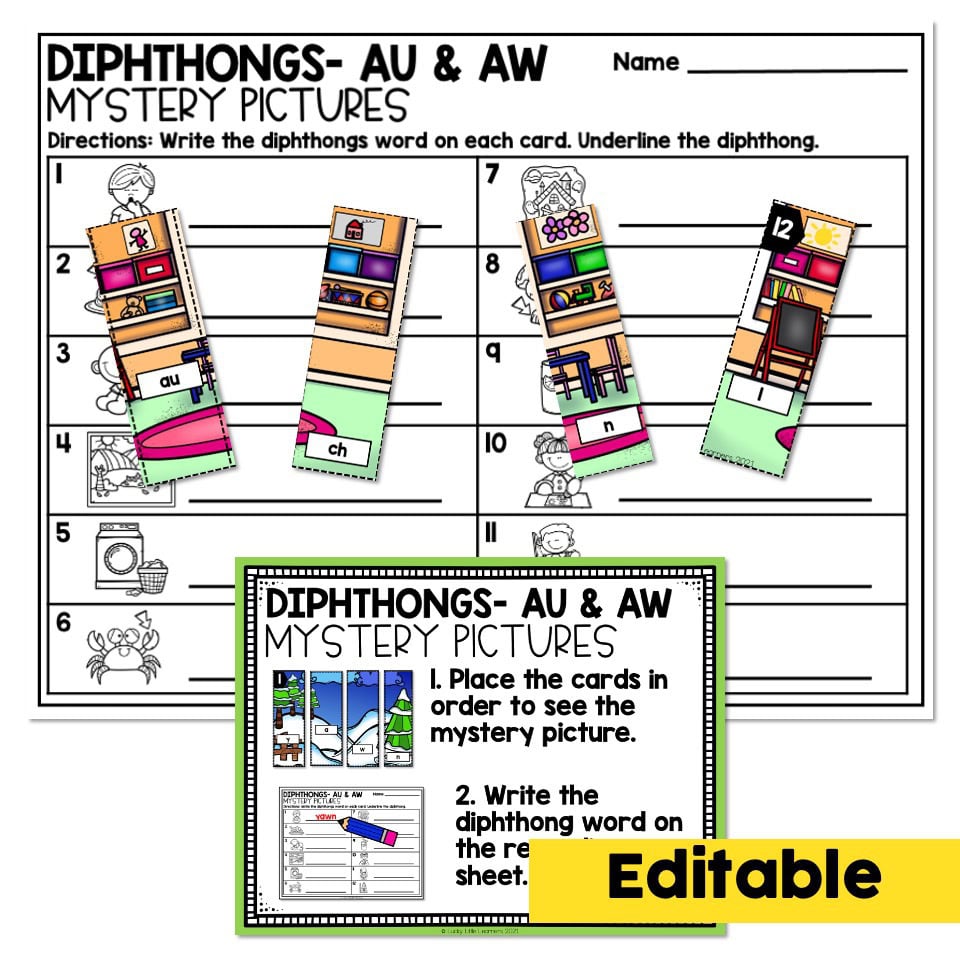 Editable - 1st Grade Phonics Center - Diphthongs AU and AW - Lucky ...